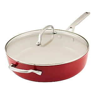 KitchenAid Hard Anodized Ceramic 5-Quart Nonstick Sauté Pan with Shatter-Resistant Lid & Riveted Handle – Durable, Even Heating, Easy Clean, Oven Safe to 500°F, Empire Red