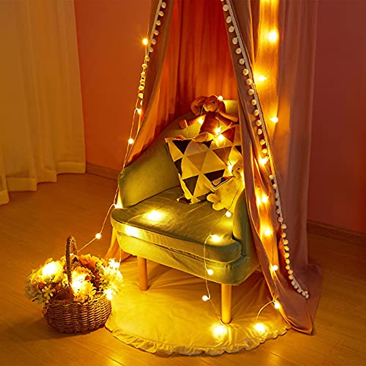 LOAOL Kids Bed Canopy with Pom Pom Cotton Canopy for Crib Baby Girl Netting Cover Canopy Crib Curtain Reading Nook Hanging Tent Nursery Play Game Castle House Decoration (Pink Pompom)