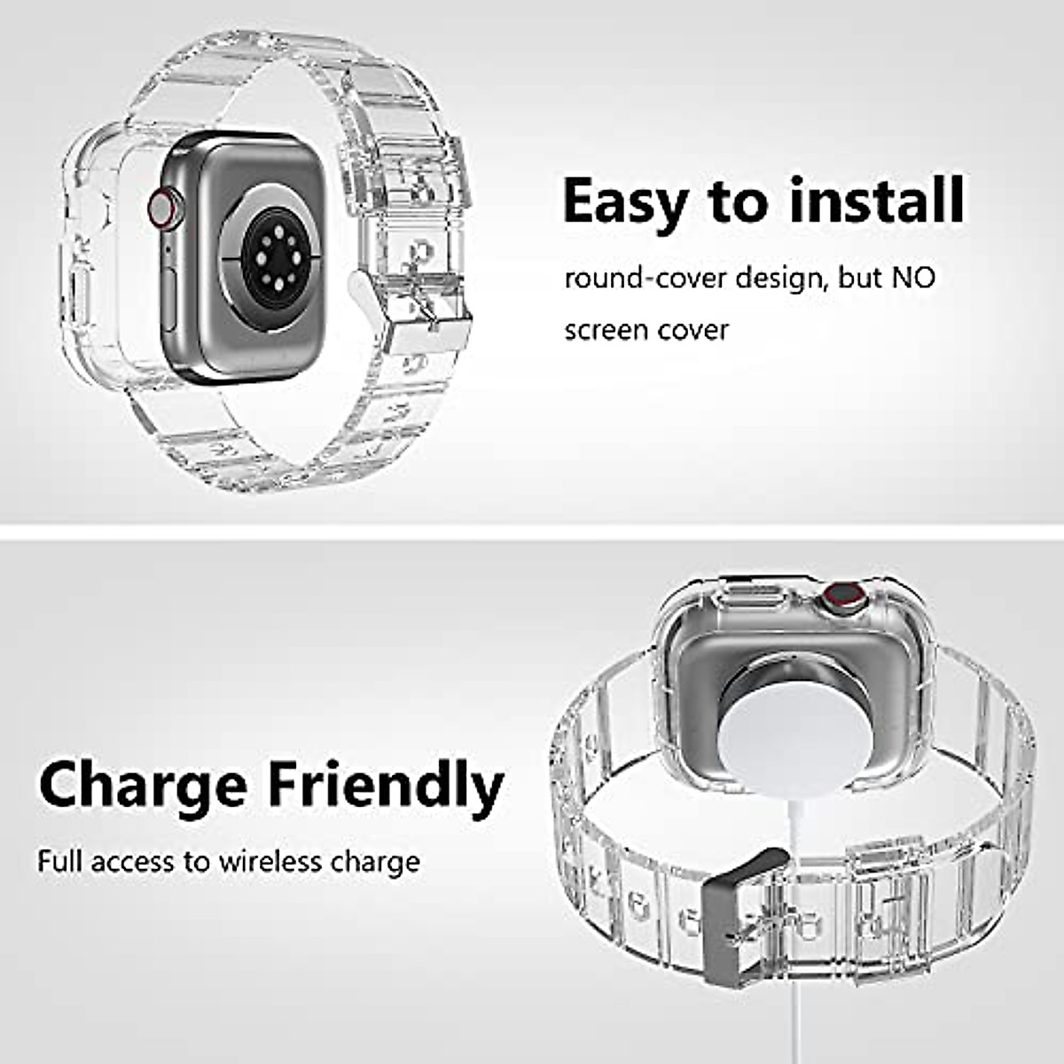 Jiunai compatible with Apple Watch Bands 42mm 44mm 45mm Transparent Clear Rugged Bumper Sports Crystal Bumper iWatch Band Strap Protective Case for Apple Watch Series 8 7 6 5 4 SE 2022 42mm 44mm 45mm