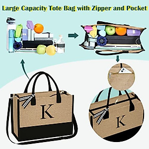 TOPEAST Jute Beach Tote Bag with Zipper and Pocket, Personalized Gifts for Mom,18th Birthday Gifts Initial Embroidery Gifts Tote Bags for Women Teacher Appreciation Gifts Bridal Shower Gift Letter K