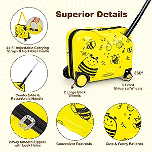 BABY JOY 2PC Kids Luggage Set, 4 in 1 Toddler 18” Ride-on & Carry-on Hardshell Suitcase with Wheels, Anti-Lose Rope, 12” Backpack Set, Lightweight Travel Rolling Trolley for Boys Girls (Cute Bee)