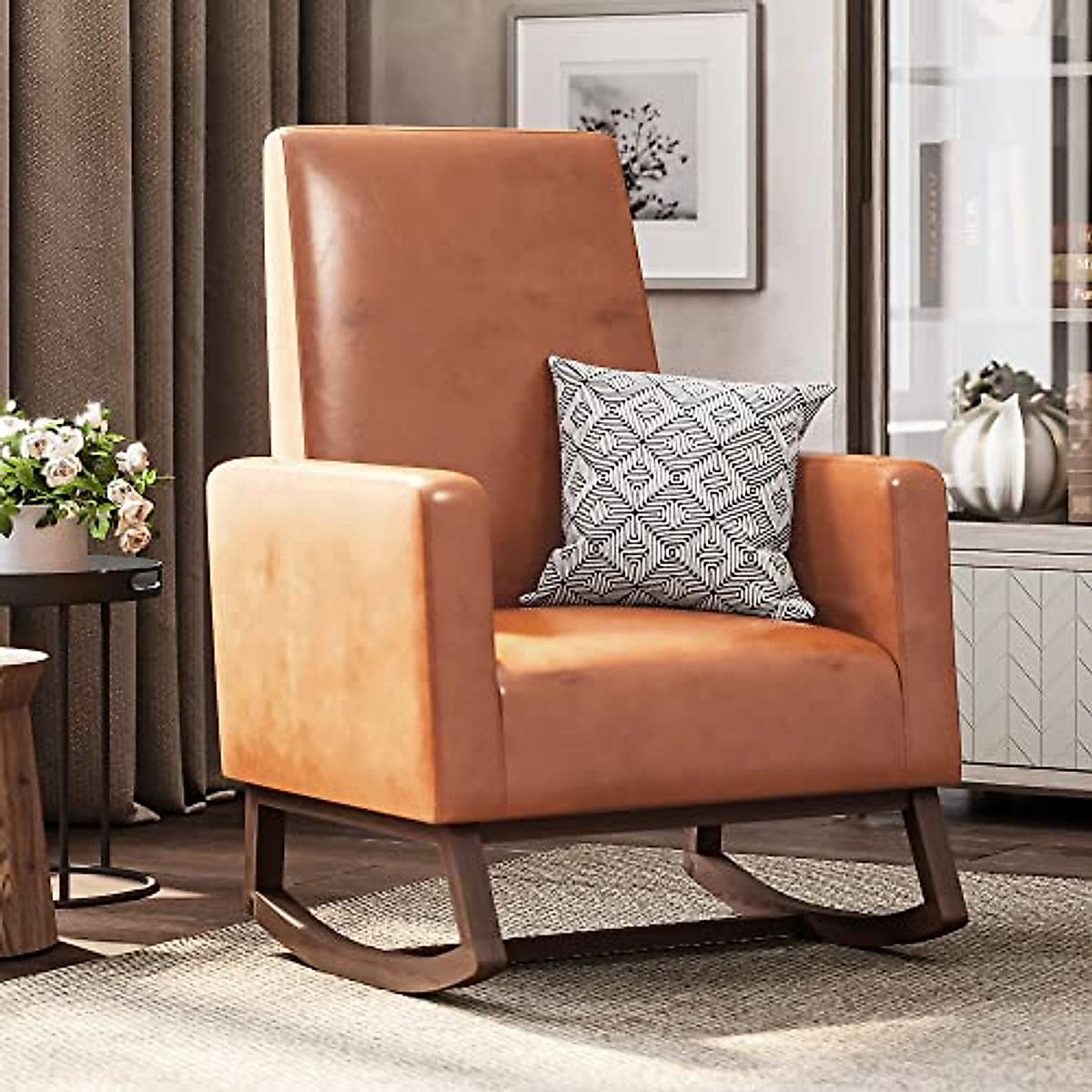 BELLEZE Modern Rocking Chair, Faux Leather Nursery Glider Rocker with Comfortable Padded Seat Solid Wood Base, Upholstery Arm Chair for Living Room Bedroom Baby Room - Felix (Caramel)