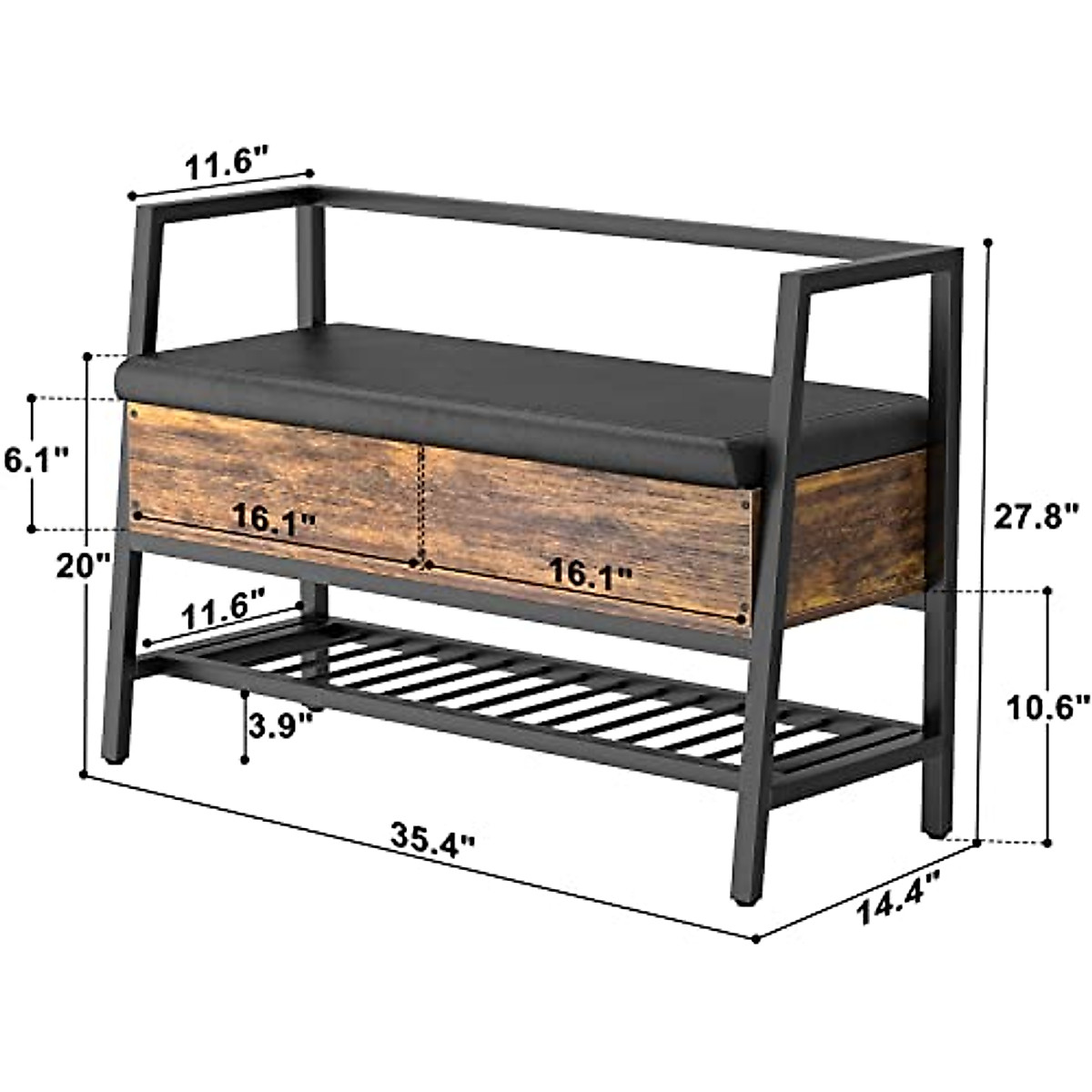 Homieasy Storage Shoe Bench with Padded Seat, Entryway Bench with Lift Top Storage Box, Industrial Shoe Rack Bench PU Leather Cushion Holds Up to 250 LB for Entryway Bedroom Hallway, Rustic Brown