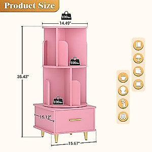 Cyclysio 360 Rotating Nightstand, 35'' Tall Pink Night Stand with Shelves, Narrow Bedside Table with Drawer, Modern Slim Nightstand for Small Space, Small High Side Table, Bedroom, Sofa Side, Pink