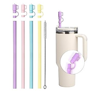 Replacement Straw for Stanley 40 oz 30 oz Cup Tumbler,4Pack Reusable Silicone Straws with Straw Covers Accessories for Stanley Bottles with Cleaning Brush