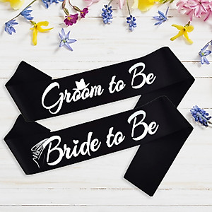 HUBEISIYU 2pcs Bride to Be and Groom to Be Sash, Bridal Shower Sashes Bachelor Decorations Just Married Gift Engaged Decor Engagement Accessories Bachelorette Party Supplies, Black+Silver(Letters)