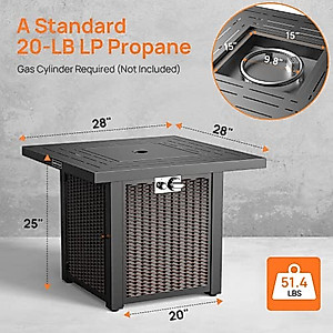 EMBRANGE 28 Inch Outdoor Propane Gas Fire Pit Table, Pulse Ignition System 50,000 BTU CSA Certification Square Propane Gas Fire Pit Table for Outside Patio Garden with Lid and Blue Fire Glass