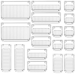 Puroma 18Pcs Drawer Organizer Set 4-size Versatile Vanity and Bathroom Drawer Organizers, Clear Plastic Desk Drawer Organizer Trays and Customize Layout Storage Bins for Makeup Kitchen Office (Clear)