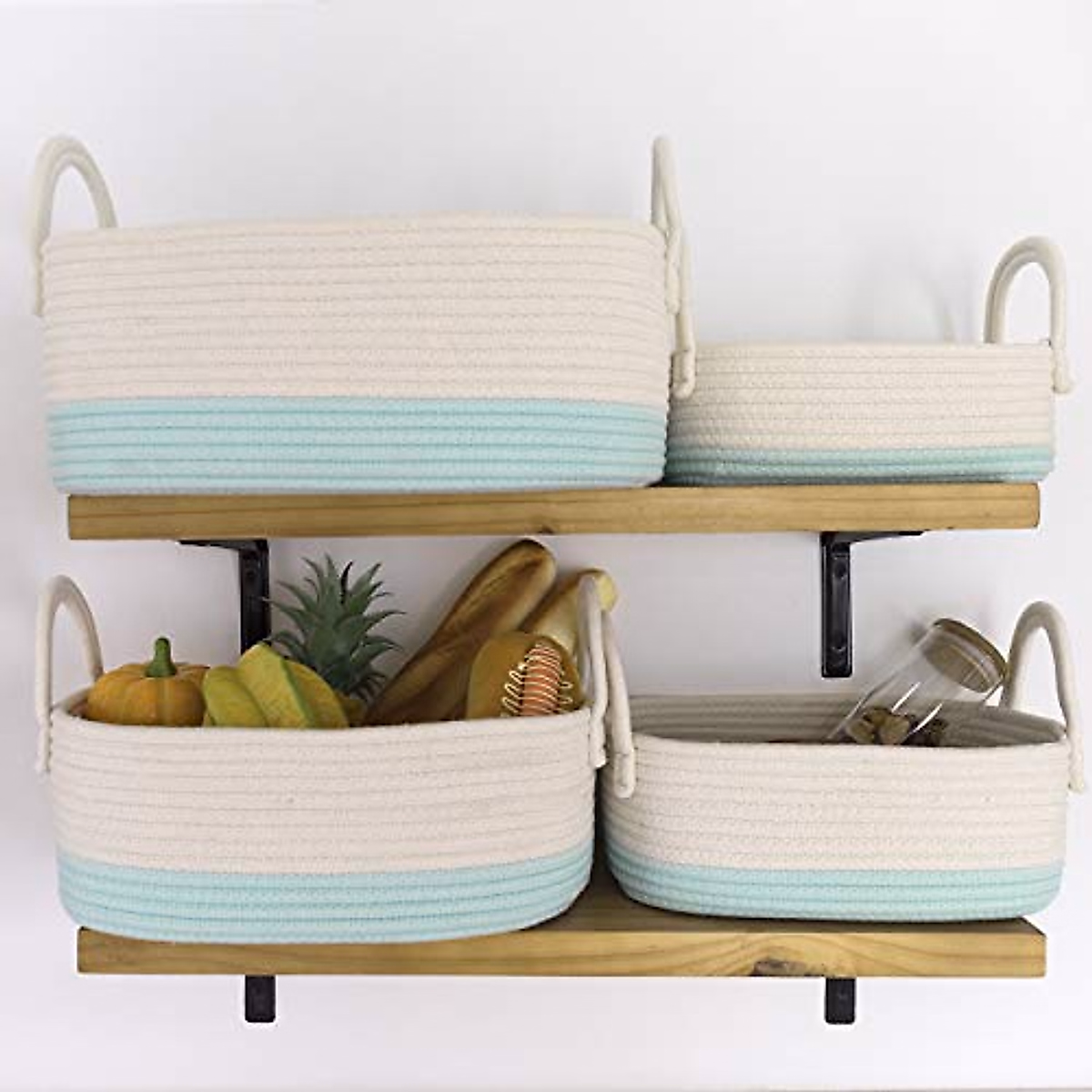 LA JOLIE MUSE 15 Inch Cotton Rope Woven Storage Basket Set of 4, Stackable Multipurpose Organizer Bins with Handles, White & Mint Green