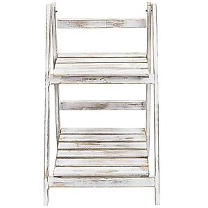 MyGift 2 Tier Rustic Whitewashed Solid Wood Freestanding Foldable Indoor Plant Stand, Decorative Wooden Display Shelf