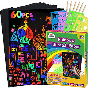 ZMLM Scratch Paper Art Set: 60Pcs Magic Drawing Art Craft Kid Black Scratch Off Paper Supply Kit Toddler Preschool Learning Bulk Toy for Age 3 4 5 6 7 8 9 10 Girl Boy Christmas Birthday Party Gift
