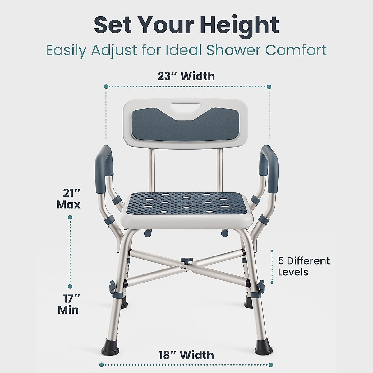 PELEGON Shower Chair (450lb) with Padded Armrests and Back, Shower Chair for Elderly and Disabled, Adjustable Height Shower Seat, Heavy Duty Shower Chair for Inside Shower, Handicap Shower Chair- Blue