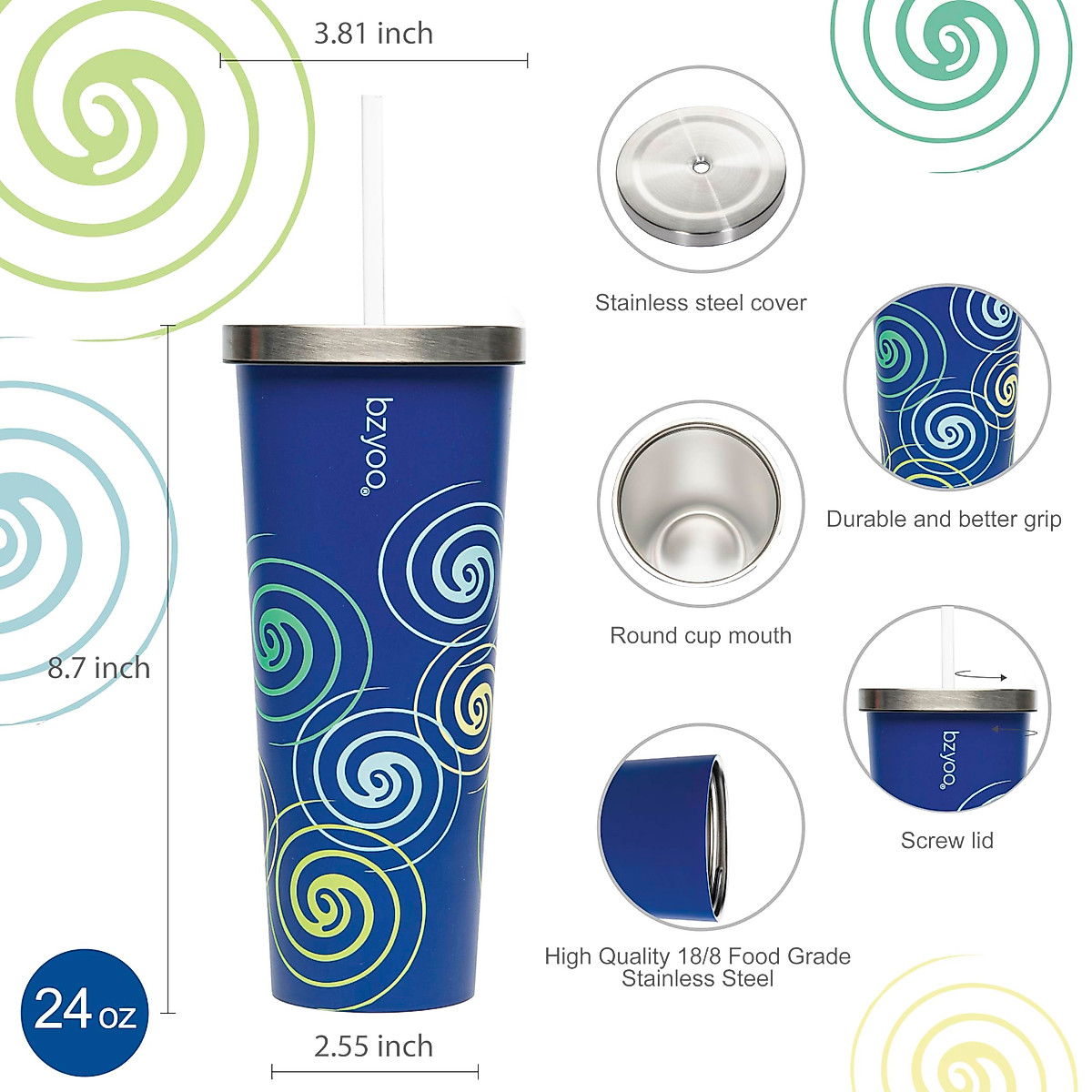 bzyoo SUP Double Wall Vacuum Insulated Tumbler with Straw and Lid Stainless Steel Water Bottle Travel Mug Cup, Mother's Day Gift Perfect For Ice Coffee or Tea (710ml) Color: Blue Swirl