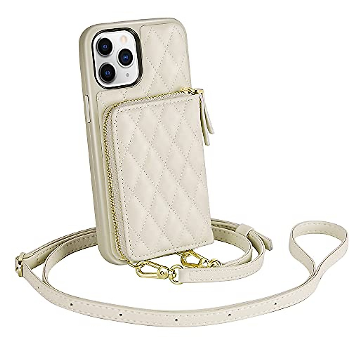 LAMEEKU Designed for iPhone 11 Pro Wallet Case, Case Wallet with Crosbody Leather Strap & Gold Chain Strap Compatible for iPhone 11 Pro-Beige