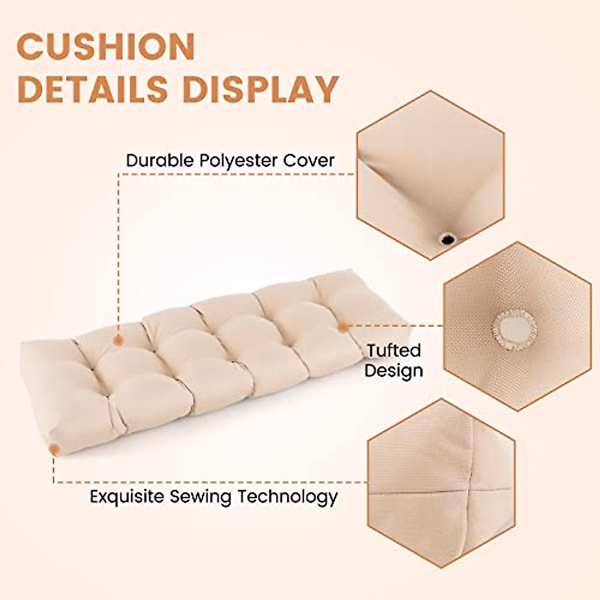 Giantex Outdoor Bench Cushion, 52 x 19.5 Inch Thick Tufted Patio Cushion Pads for Garden Sofa Settee Couch, Loveseat, Waterproof Patio Furniture Swing (Beige)