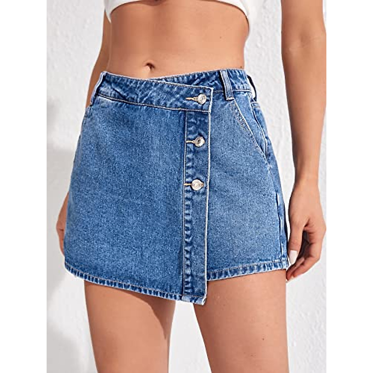 WDIRARA Women's High Waisted Button Front Denim Skort Asymmetrical Hem Wrap Jean Skirt Shorts Medium Wash M