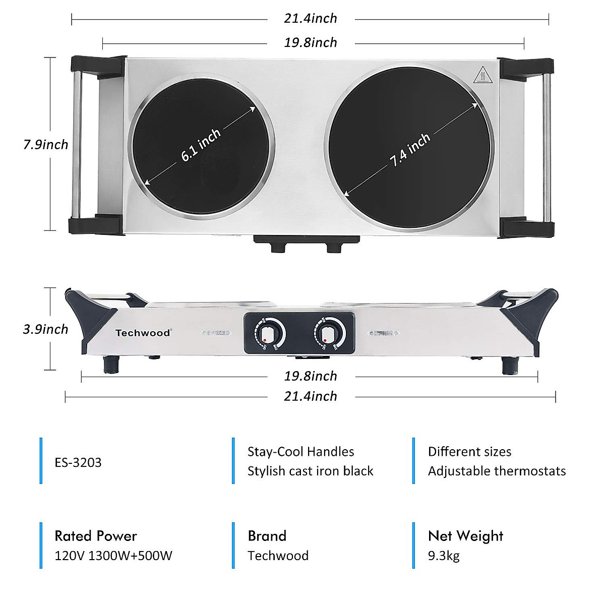 Techwood Electric Stove, Double Infrared Ceramic Hot Plate for Cooking, Two Control Cooktop Burner, Portable Anti-scald handles Suitable for Office/Home/Camp Use, 1800W Compatible for All Cookwares
