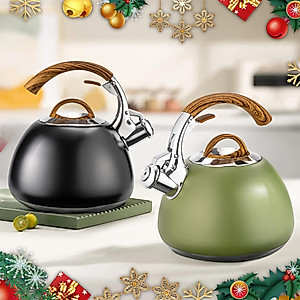suyika Stove Top Whistling Tea Kettle Food Grade Stainless Steel Teapot with Wood Pattern Handle 3 Quart Green