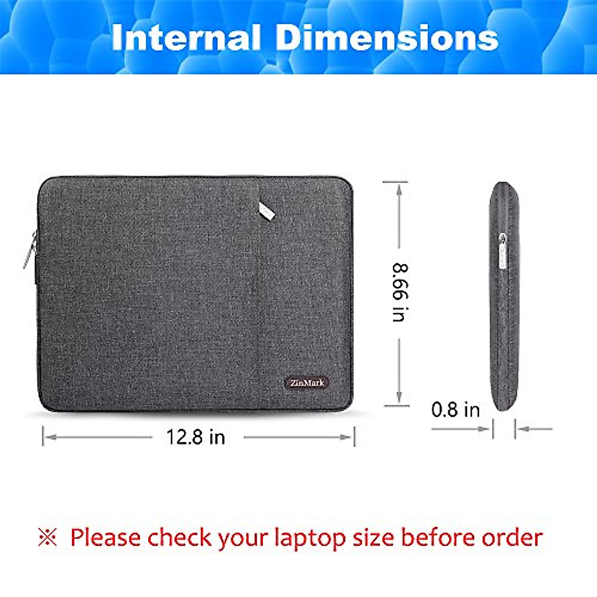 ZinMark Laptop Sleeve 13 Inch Compatible 2019 2018 MacBook Air 13 Inch Retina A1932, 13 Inch MacBook Pro A2159 A1989 A1706 A1708 | XPS 13, Water-Resistant Polyester Notebook Case,Dark Gray