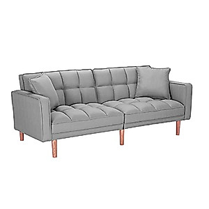 POCIYIHOME Futon Sleeper Sofa Adjustable Back and Two Pillows, Modern Chaise with Conical Wood Legs, Contemporary Home Furniture for Living, Bedroom,Office,Waiting Room, Polyester, Light Grey