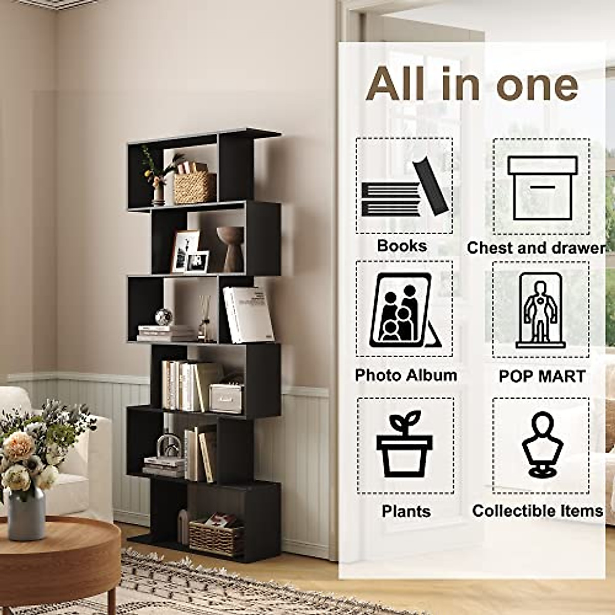 HOMEFORT Wooden Geometric Bookshelf,6-Tier S-Shaped Bookcase,6 Shelf Morden Bookshelves,Unique Freestanding Tall Book Shelf and Book Case for Bedroom and Living Room Home Office,Black