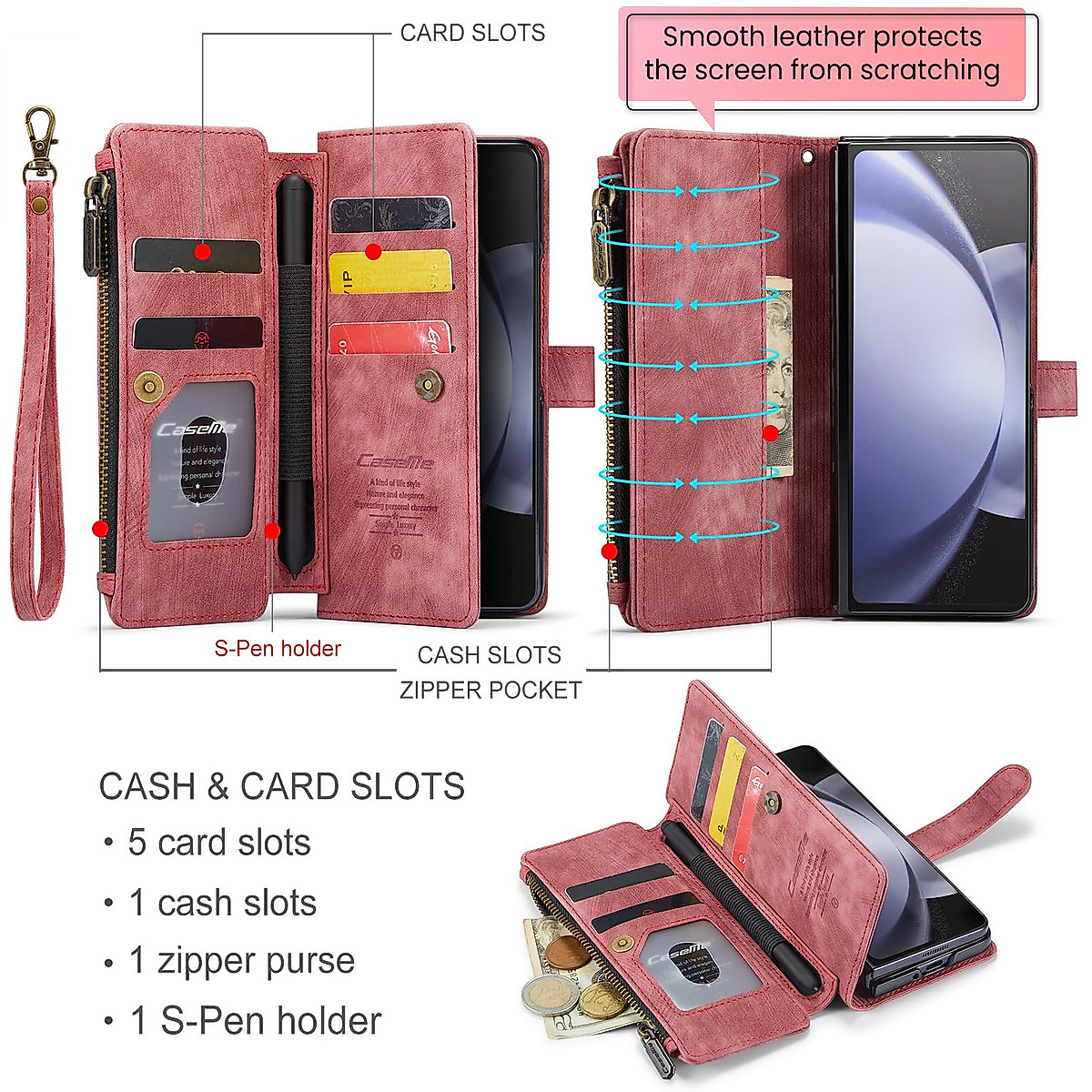 ANROD Wallet Case for Samsung-Galaxy-Z-Fold-5-5G,PU Leather Flip Magnetic Closure Shockproof Zipper Purse Cover for Samsung Galaxy Z Fold 5 5G,with Card Slots (Red)