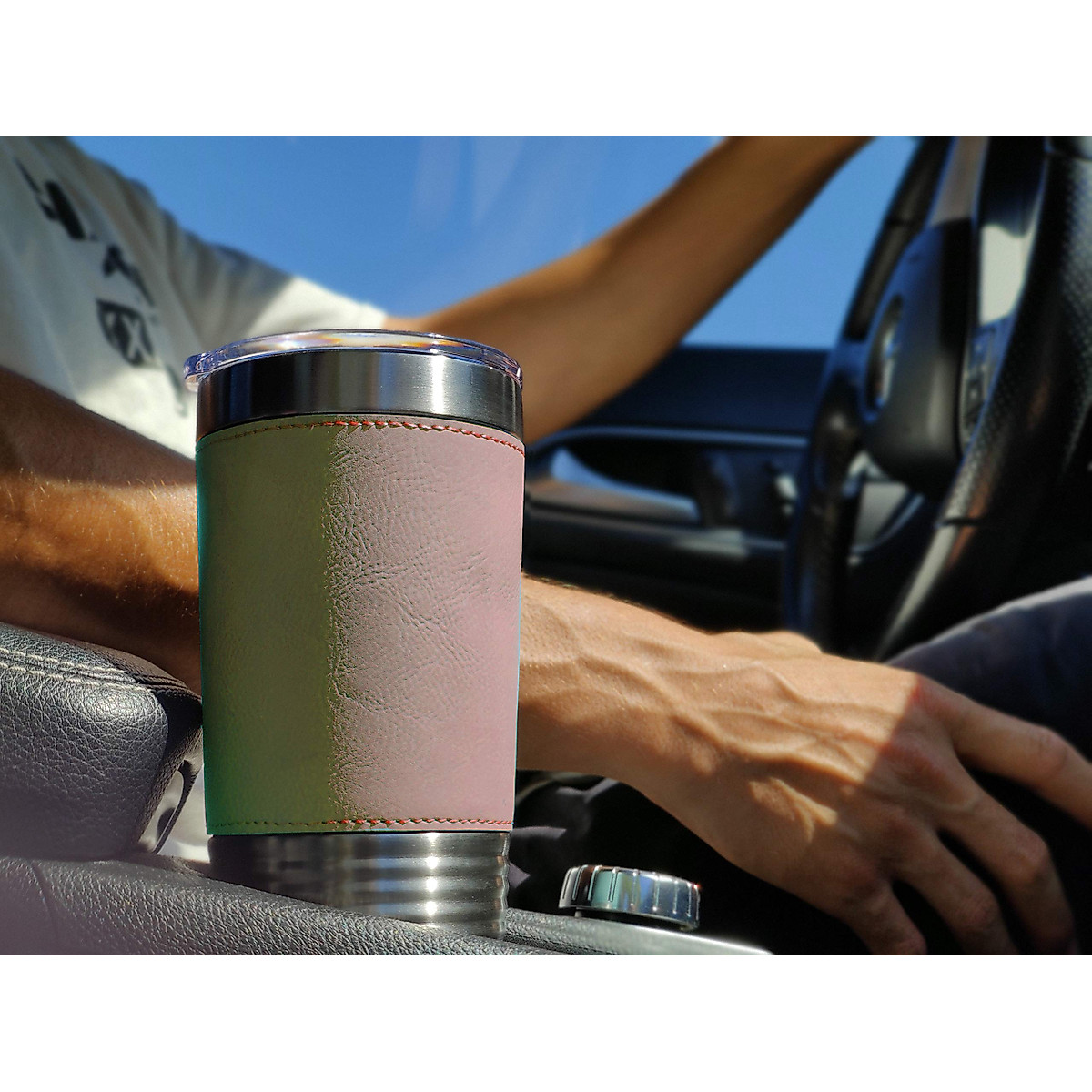 LaserGram 20oz Vacuum Insulated Tumbler Mug, Helicopter 2, Personalized Engraving Included (Faux Leather, Light Brown)