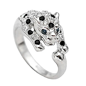 White Gold Plated Animal Leopard Ring with Clear and Black Cubic Zirconia Jaguar Sport Dots Fashion Jewelry for Women (9)