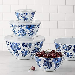 Amazon Basics Nesting Melamine Mixing Bowl with Lid and Non-Slip Base, 5 Sizes, Blue and White Floral - Set of 10, 4 quarts