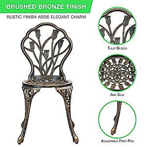 Patio Premier 217005 3pc Outdoor Tulip Garden Bistro Set, Cast Iron and Aluminum Frame, Bronze