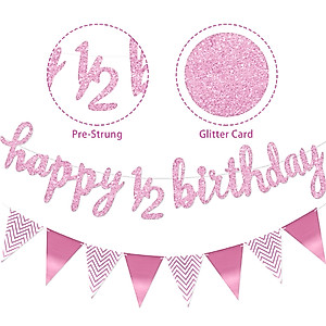 6 Months Banner Happy Birthday Banner Happy 1/2 Birthday Banner Glitter 1/2 Half Year Cake Topper Triangle Flag Banner for Half Year Baby Shower Birthday Party Decoration, Pre-strung (Pink)