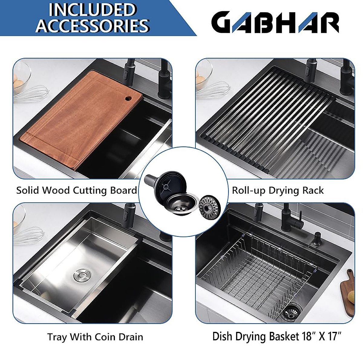 33x22 Inches Black Drop In Workstation Kitchen Sink, Gabhar 33" 16Gauge Black Stainless Steel Drop In Workstation Kitchen Sinks With Offset Drain