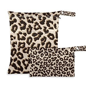 Qilmy 2pcs Leopard Wet Dry Bag Waterproof Reusable Baby Cloth Diaper Wet Dry Organizer for Travel, Beach, Stroller, Diapers, Wet Swimsuits, Toiletries