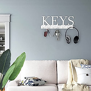 HLWDFLZ Key Holder for Wall - Wall Mounted Key Hangers with 7 Key Hooks, Wall Decorative Organizer Rack for Entryway Mudroom Front Door Kitchen Hallway Office 10 X 4 inches (White Keys)