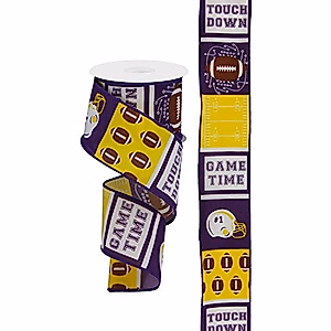 Football Block Pattern Wired Edge Ribbon - 10 Yards (Purple, Gold, 2.5 Inch)