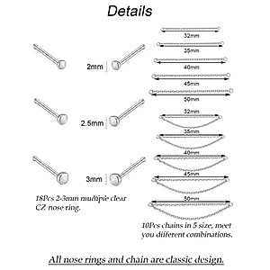 Akeoqi 28Pcs Nose Stud Nose Chain Screw Straight L Shape Nose Stud Chain Nose Stud Nostril Piercing Body Jewelry for Women Men 20G Set 2mm 2.5mm 3mm CZ Silver Tone