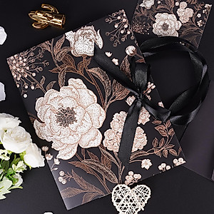 Jaywayang Large Black and Gold Vintage Floral Gift Bag with Card Ribbon and Tissue Paper for Wedding, Bridal Shower, Women Birthday, Mother's day, Anniversary- 12.6" x 10" x 5.1"