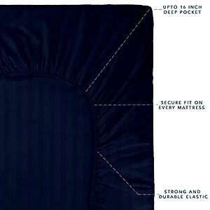 Sunday Home 400 Thread Count 100% Cotton Sheets Damask Stripe Navy Blue Queen Sheets Set 4 Piece - Ultra Soft Long Staple Sateen Weave Luxury Bed Sheet Set with 16" Deep Pockets - Oeko Tex Certified
