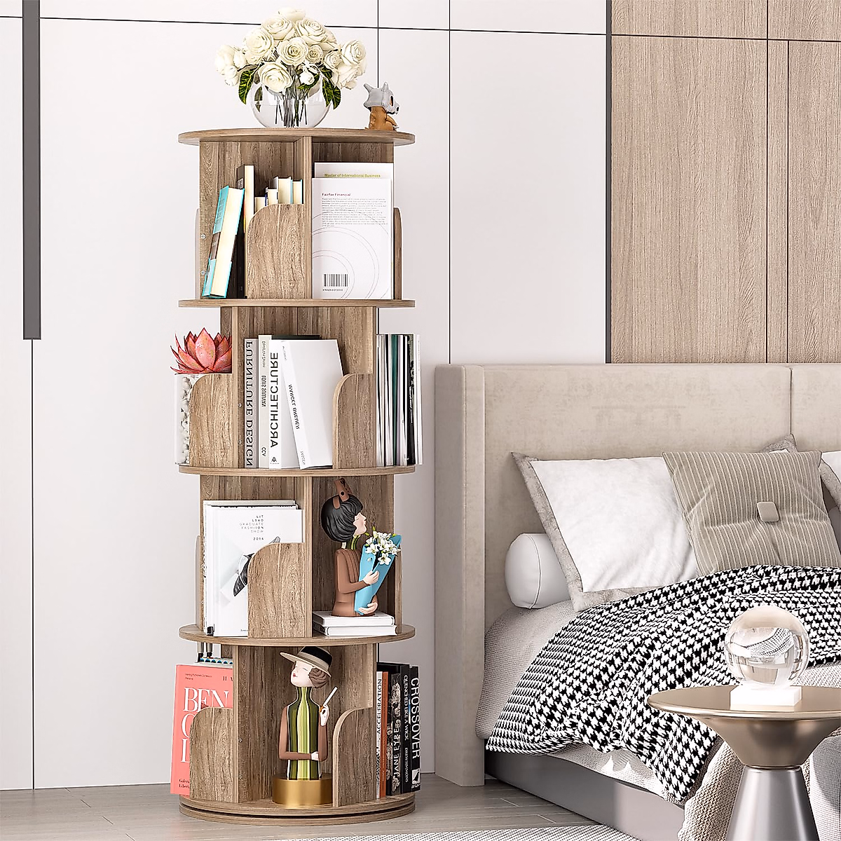 GOOFCXO 4 Tier Rotating Bookshelf, 360° Revolving Bookcase Wood Rotating Stackable Shelves Floor-Standing Storage Display Rack Used in Bedrooms Living Rooms Study Office (52"x18"x18")