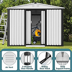 Betterland Outdoor Storage Shed 6×8 FT Garden Metal Tool House, Walk-in Steel Double Sloping Roof Shed with Sliding Door for Garden, Lawn, Backyard (White)