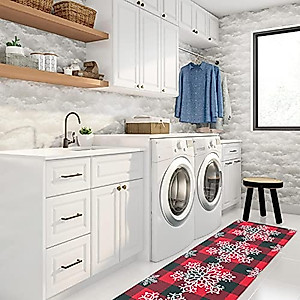Kitchen Mats fo Floor, Merry Christmas Snowflake Red Black Buffalo Check Plaid Backed Rubber Dots Rugs,Non Slip,Absorbant Runner Rugs for Hallway Entryway,Kitchen,Laundry 1 pcs 23.6x70.9 Inch