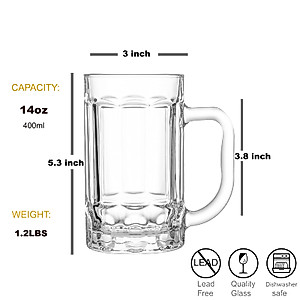 COKTIK 6 Pack Heavy Large Beer Glasses with Handle - 14 Ounce Glass Steins, Classic Beer Mug glasses Set