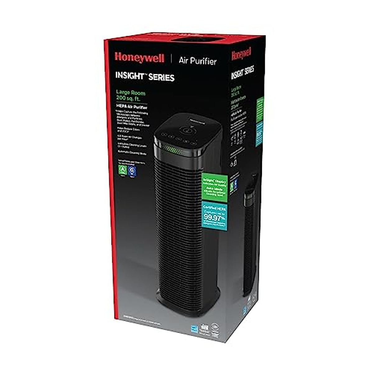 Honeywell InSight HEPA Air Purifier with Air Quality Indicator and Auto Mode, for Large Rooms (200 sq. ft), Black - Wildfire/Smoke, Pollen, Pet Dander, and Dust Air Purifier,HPA180B
