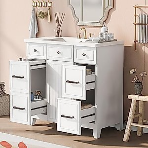 DHHU 36" Vanity Top Combo Set, Single Sink, Shaker Soft Closing Door and Drawer, Bathroom Storage Cabinet, Solid Wood Frame, White