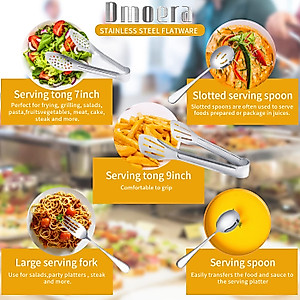 8 Pieces Stainless Steel Flatware Serving Utensils, Include 2 Serving Spoons, 2 Slotted Spoons, 2 Tongs and 2 Forks for Party Buffet Banquet Kitchen