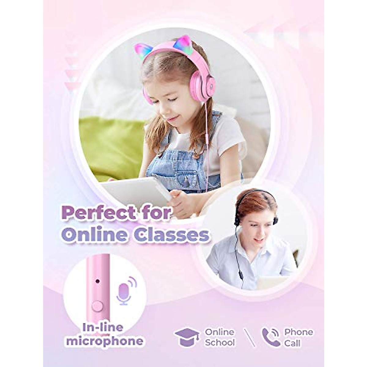 iClever Kids Headphones with Cat Ear Led Light Up, Safe Volume Limite Kids Wired Headphones with Microphone, FunShare Foldable Over-Ear Headphones for Kids/School/iPad/Tablet/Travel, Meow Donut-Pink
