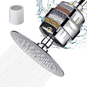 HarJue Filtered Shower Head, High Pressure Showerhead with Filter Combo for Hard Water, Remove Chlorine Fluoride and Harmful Substances- 1 Replaceable Filter Cartridge, Chrome (Without Handheld)