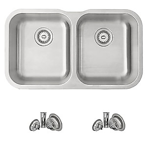 STYLISH 31 1/4 x 18 inch Drop-in or Undermount Stainless Steel Double Bowl Kitchen Sink with Standard Strainers, S-200T