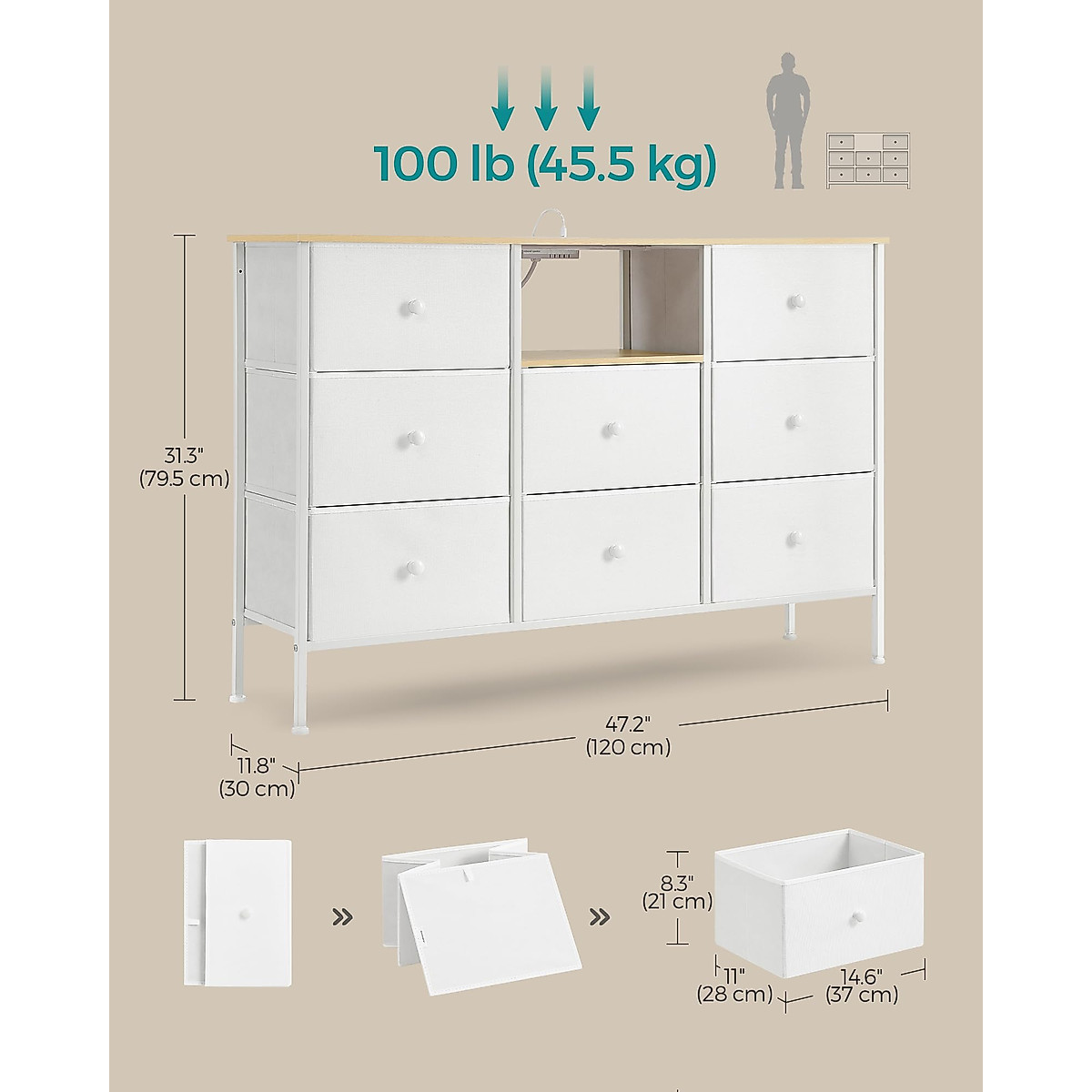 SONGMICS Dresser with Power Outlets and LED Lights, Fabric Chest of Drawers, 25 Colors, 8 Drawers, TV Stand for up to 60 Inch TVs, 11.8 x 47.2 x 31.3 Inches, Cloud White and Oak Beige ULTS518W01