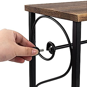 MyGift Freestanding Rustic Burnt Wood Toilet Paper Stand with Display Shelf and Matte Black Metal Scrollwork Magazine Basket, Holds up to 2 Toilet Paper Rolls